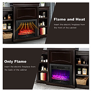 Tangkula 70" Mantel Fireplace TV Stand, 750W/1500W Electric Fireplace Heater Insert Cabinet w/Remote Control, 1-8H Timer, 5-Brightness & 3-Color Flame, Media Console Center w/Open Shelves (Espresso)