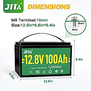 JITA 12V 100Ah LiFePO4 Battery 12.8V Lithium Battery, Built-in 100Amp BMS, 20000+ Deep Cycle,1280W Power Output for Trolling Motor,RV, Solar Power System, Marine, Home Energy Storage and Off Grid