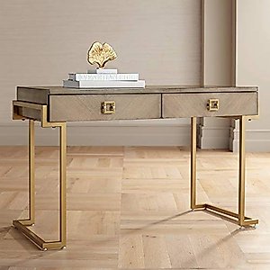 Coast to Coast Wheaton Modern Metal Ash Wood Rectangular Writing Desk 49 1/2" x 23" with 2-Drawer Gold Brown Open Leg for Living Room Bedroom Bedside Entryway House Balcony Office Bathroom