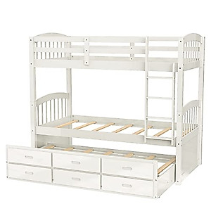 Merax Twin Over Twin Bunk Bed with Trundle and 3 Drawers, Solid Wood Bunk Bed Frame with Ladder and Full Guardrails, for Teens, White