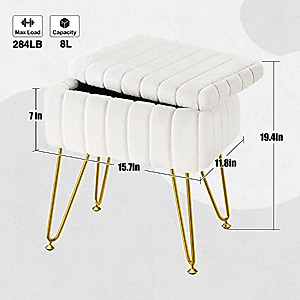 Greenstell Vanity Stool Chair Faux Fur with Storage, 15.7"L x 11.8"W x 19.4"H Soft Ottoman 4 Metal Legs with Anti-Slip Feet, Furry Padded Seat, Modern Multifunctional Chairs for Makeup, Bedroom White