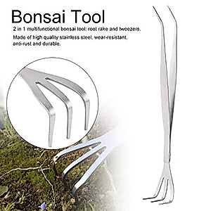 Maxmartt Bonsai Root Rake,2-in-1 Stainless Steel Root Rake Bonsai Tweezers Soil Farming Tool with Ergonomical Handle