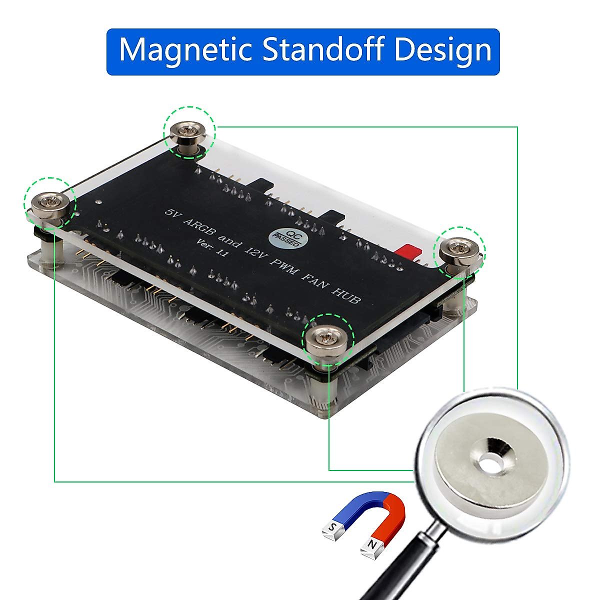 Newest Version 2 in 1 6-Ways 5V ARGB and 12V PWM DC Fan Hub with Acrylic Case and Magnetic Standoff for ASUS/MSI 5V 3Pin LED Controller