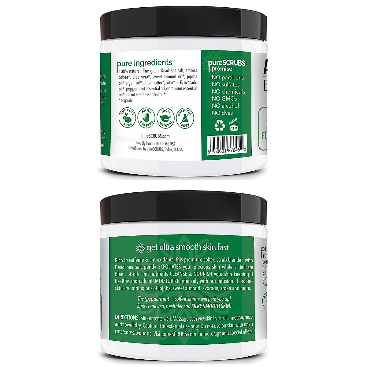 pureSCRUBS Premium Organic Arabica Coffee Body Scrub Set - VANILLA BLEND Large 16oz Anti Cellulite Scrub With Essential Oils & Nutrients + FREE Wooden Spoon, Loofah & Mini Organic Exfoliating Bar Soap