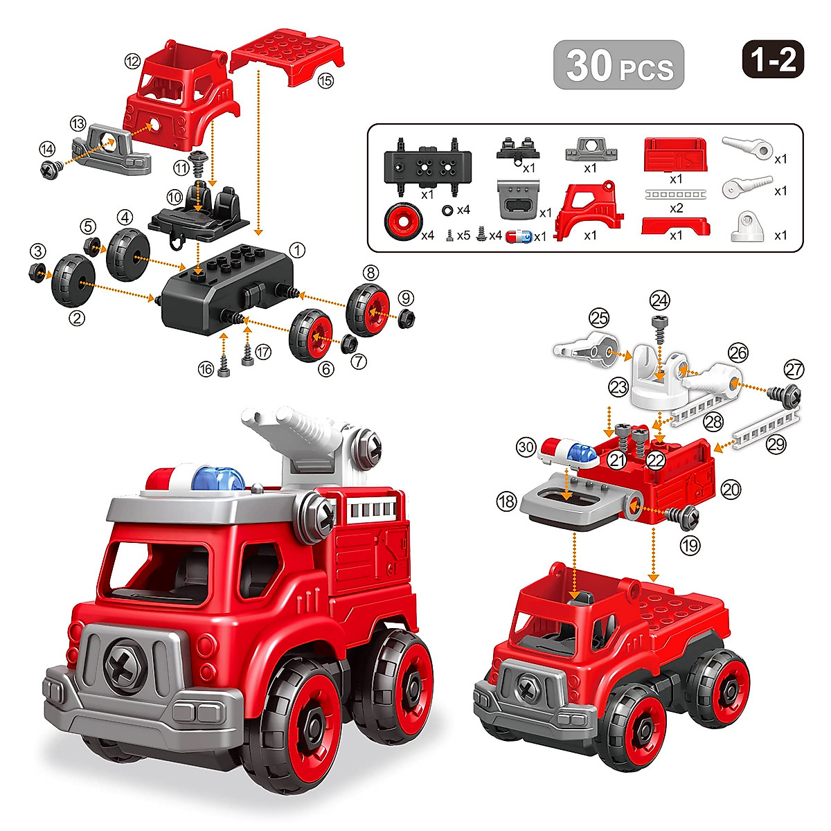 4-in-1 Take Apart Toys Truck with Electric Drill, DIY Assembly Fire Truck Toy Vehicles, Kids STEM Building Educational Cars Toys, Birthday Gifts for Age 3 4 5 6 7 8 Years Old Boys Girls