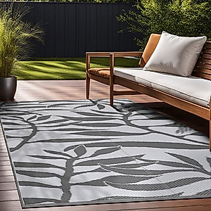 Beverly Rug Floral Leaf Outdoor Rugs 6x9 Waterproof Reversible Plastic Straw Rug Outdoor Carpet, Outside Mat for Patio, Camping, Picnic, Porch, Deck, RV, Beach, Pool, Grey and White