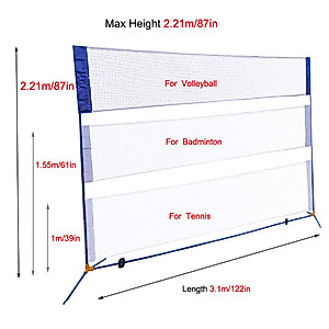 Portable Height Adjustable Badminton Volleyball Tennis Net Set Multi-Purpose Sports Equipment with Poles Stand and Carry Bag for Outdoor Garden Beach