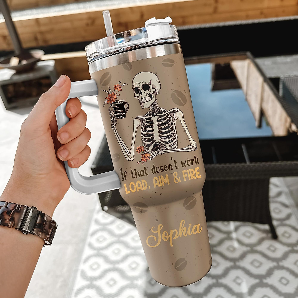 Hyturtle Personalized Goth Skull Tumbler - Gifts For Skeleton Lovers - Horror Lovers Gifts - Halloween Holiday Gifts For Women - Skeleton Gifts - Custom Name Travel Coffee Cup 40oz With Lid And Straw