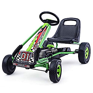 HONEY JOY Go Kart for Kids, 4 Wheel Quad Off-Road Pedal On Foot Go Cart w/Steering Wheels & Adjustable Seat, 2 Safety Brakes, EVA Rubber Tires, Clutch, Outdoor Racer Ride On Pedal Car (Green)