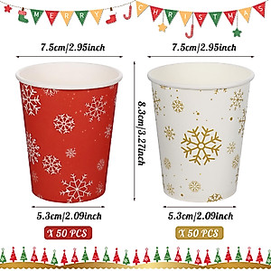 SUMAJU 100 Pcs Christmas Snowflake Paper Cups, 9 OZ Disposable Christmas Paper Cups Winter Coffee Cups Red White Snowflake Christmas Cups Drinking Tea Xmas Paper Cups for Daily Use Holiday Party