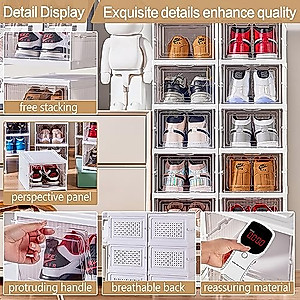 Kewheed Shoe Storage Box 6 PCS, Six-layer Foldable Shoe Boxes Clear Plastic Stackable, Shoe Organizer Containers with Lids, Fit up to US Size 12 for Men/Women, 13.9''x10''x7.7''(White 6PCS)