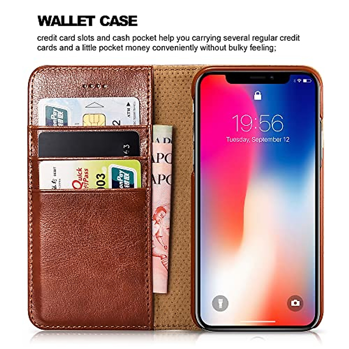 ICARERCASE iPhone XR Wallet Case, Premium Leather Case Built-in Credit Card and Cash Slots, Folio Flip Cover with Kickstand Support Wireless Charging for Apple iPhone XR (2018) 6.1 inch- Brown