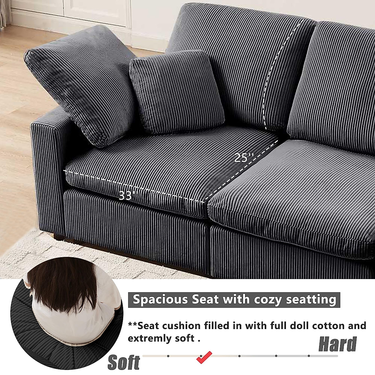 Mofolit Oversized Sectional Sleeper Sofa Couch w/Deep seat, Big Comfy Corduroy Couch w/overstuffed Cushion, Modular sectional Cloud Couch,L Shaped Couch Setional for Living Room (Grey)