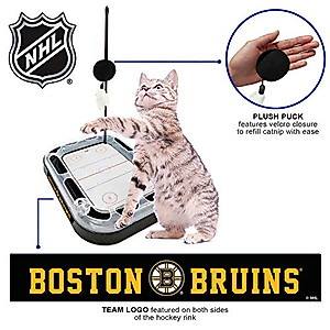 Pets First Cat Scratching Toy NHL Boston Bruins Hockey Field Cat Scratcher Toy with Interactive Cat Ball Bell in Tracks. 5-in-1 CAT Toy: Cat Wand Poll with Catnip Filled Plush Hockey Puck & Feathers.