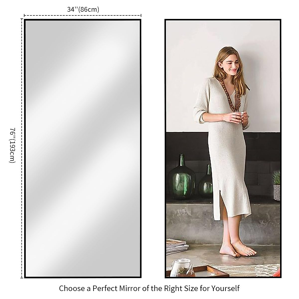 Koonmi Large Mirror Full Length 34"x76", Floor Body Mirror with Stand, Metal Frame Wall-Mounted Vanity Mirror, Hanging Leaning or Standing, Black