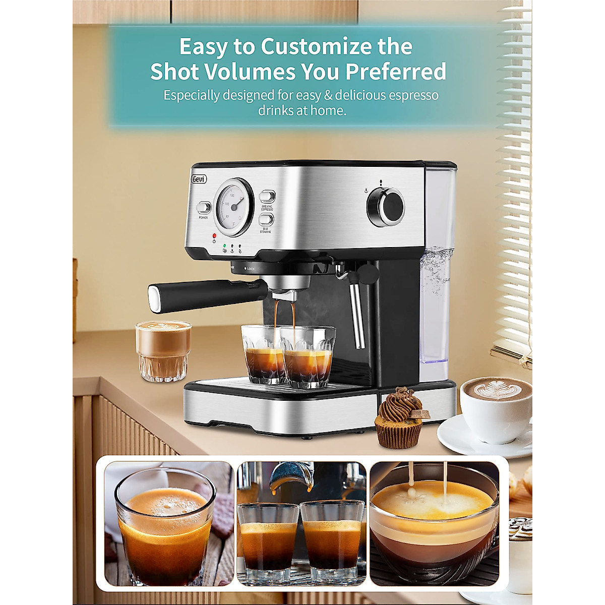 Gevi Espresso Machine, Espresso Maker with Milk Frother Steam Wand, Compact Espresso Super Automatic Espresso Machines for home Cappuccino, Latte, GECME403L-U