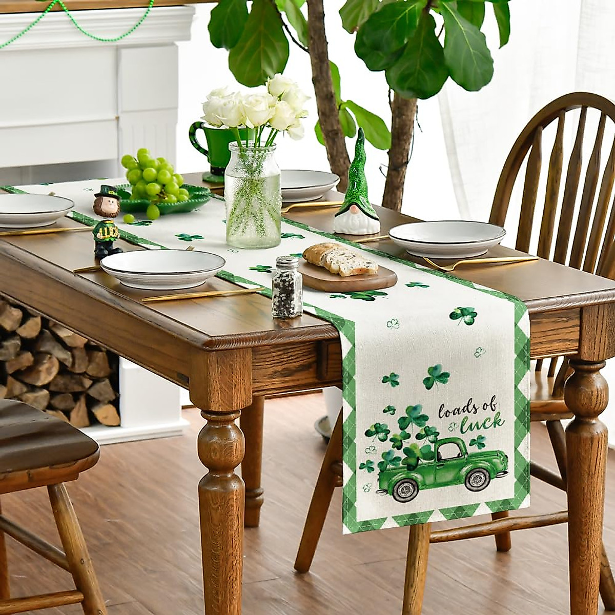 Artoid Mode Buffalo Plaid Edge Shamrock Loads of Luck St. Patrick's Day Table Runner, Seasonal Spring Holiday Kitchen Dining Table Decoration for Indoor Outdoor Home Party Decor 13 x 72 Inch
