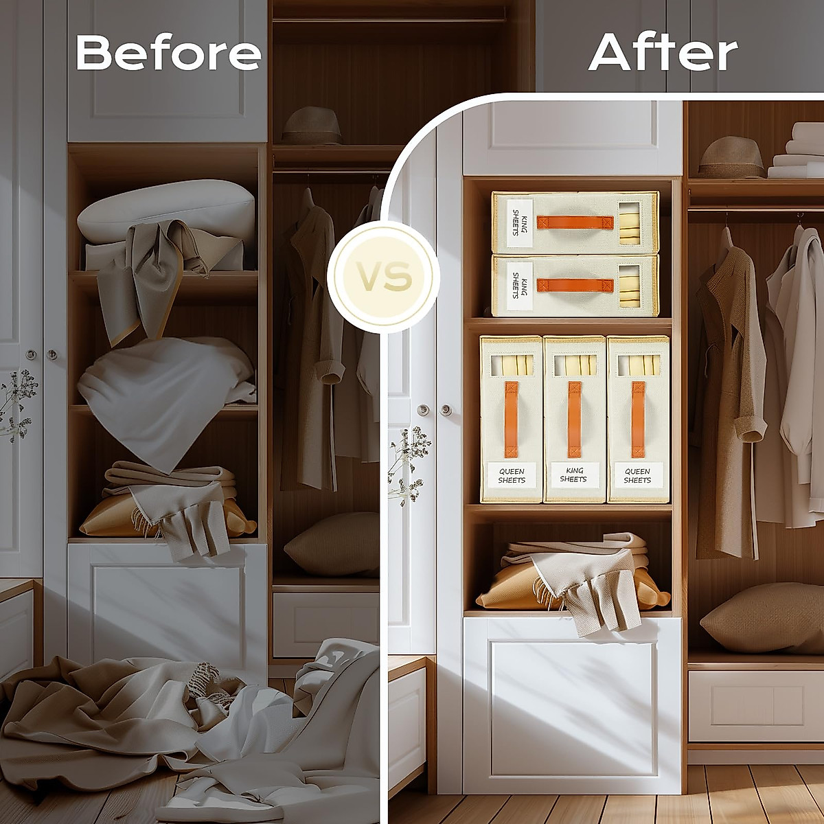 Yecaye 6 Pack Sheet Organizers and Storage, Bed Sheet Organizer for Linen Closet, Foldable Sheet Set Organizer with Clear Window and Label (Queen & King Size), Bedding Storage Box Container, Beige