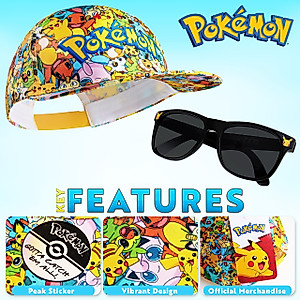 Pokemon Baseball Cap Sunglasses Boys Girls Bucket Hat for Kids Unisex Pikachu Adjustable Strap Summer Accessories (Multi Cap/Glasses Set)