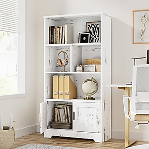 IDEALHOUSE White Bookshelf with LED Lights Farmhouse Bookcase with Doors Modern Storage Rack 3 Shelf Standing Bookshelves Wooden Display Shelf Unique Book Shelf for Bedroom, Living Room, Home Office