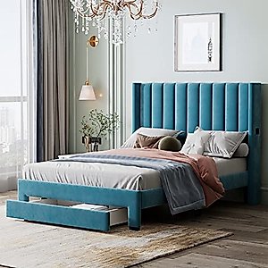 SOFTSEA Full Size Upholstered Bed Frame with Large Drawer Velvet Platform Bed Frame with High Headboard for Bedroom
