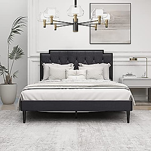 AGARTT Upholstered Platform Queen Size Bed Frame with Headboard Premium Stable Wood Slat Support No Box Spring Required Graphite