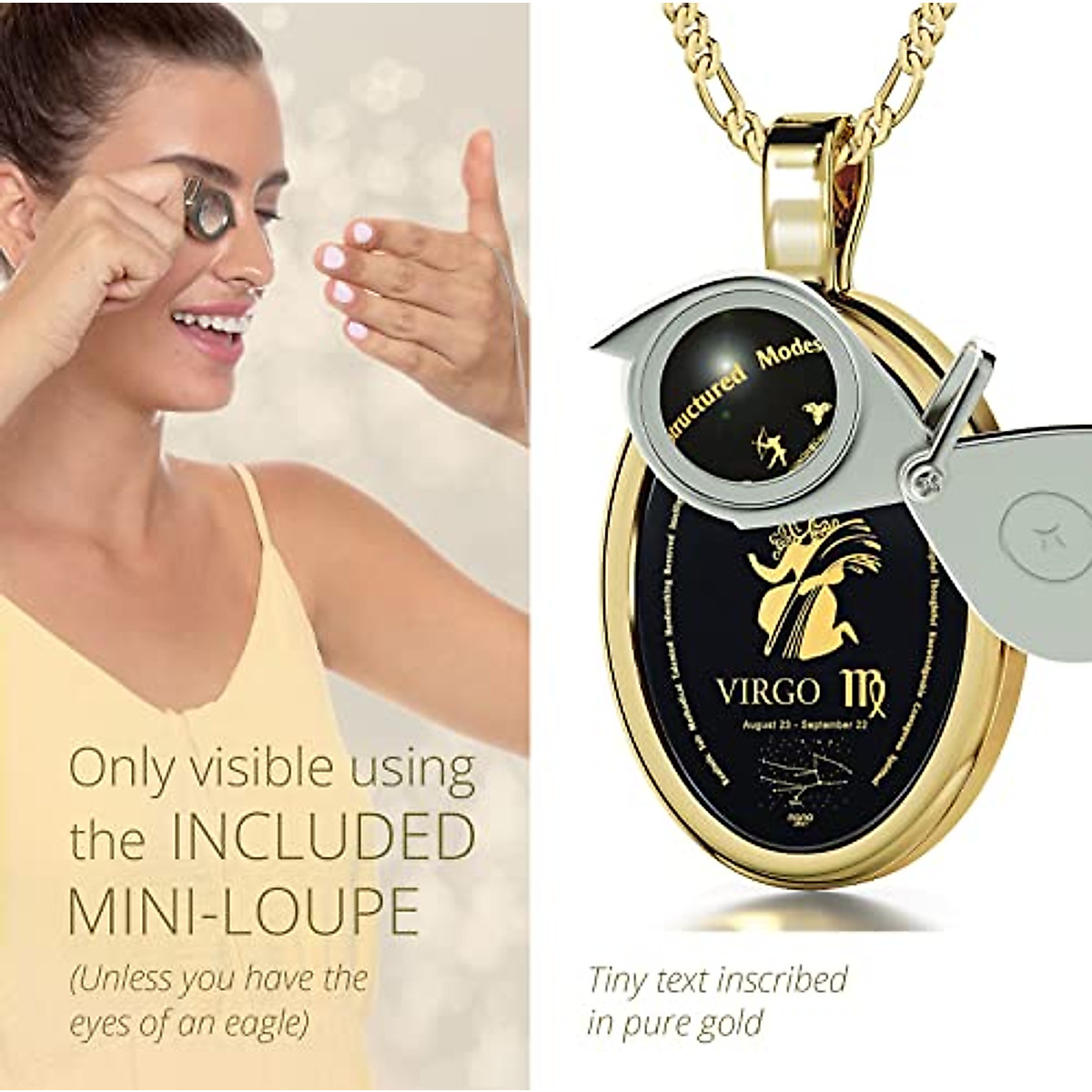 Gold Plated Silver Virgo Necklace Zodiac Pendant Gift for Women Birthday Jewelry 23rd August - 22nd September Gold Inscribed on Onyx, 18" Rolo Chain