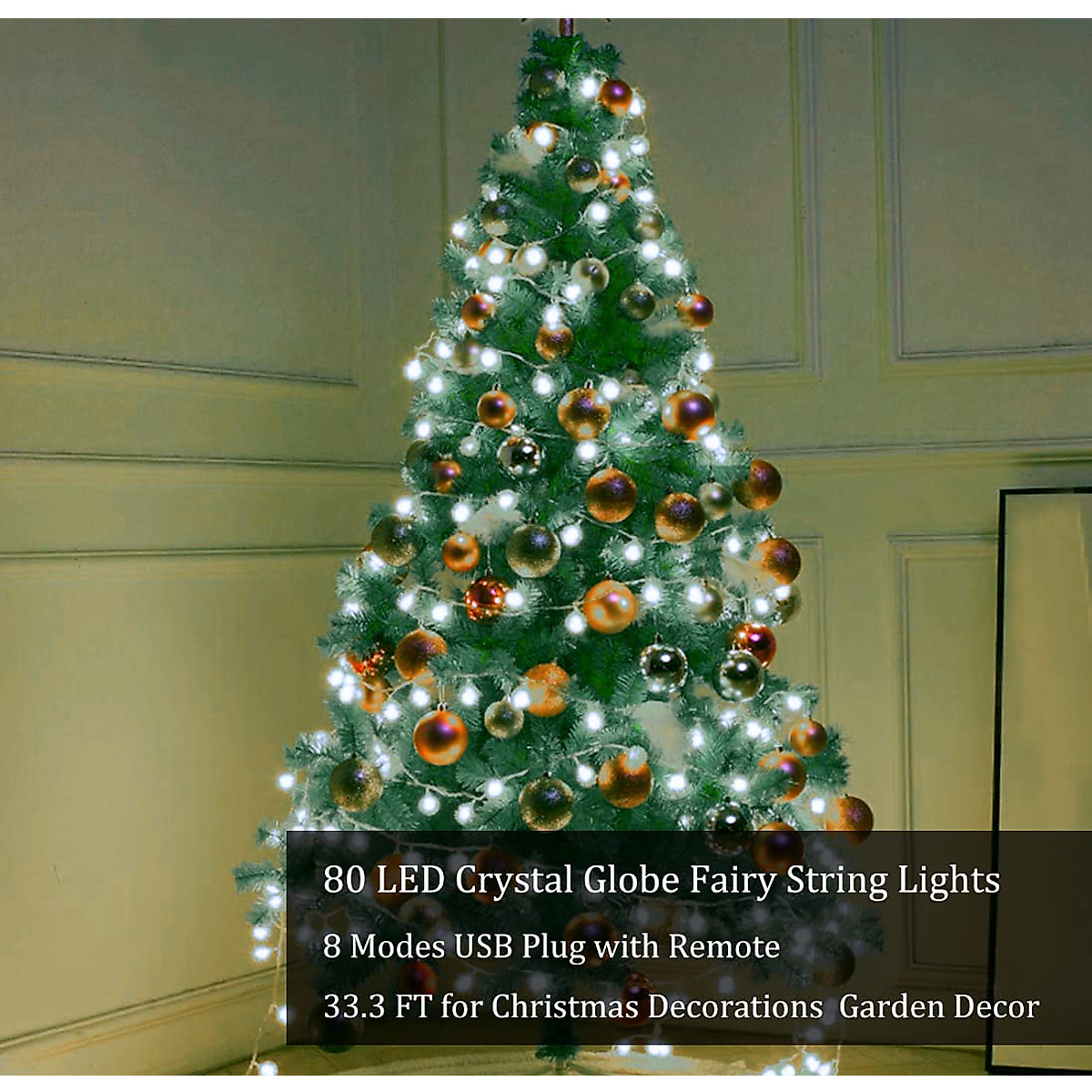 Globe String Lights Fairy Lights 33ft 80 LED String Lights for Bedroom 8 Modes USB with Remote Waterproof Indoor Outdoor Table Decor Hanging Lights Home Patio Garden Wedding Party Decor,Cool White