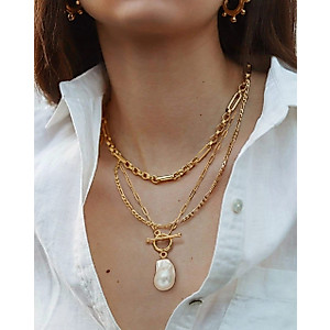 SOFYBJA 18K Gold Plated Paperclip Link Chain Necklace Baroque Pearl Pendant Necklace Dainty Handmade Stacked Jewelry for Women