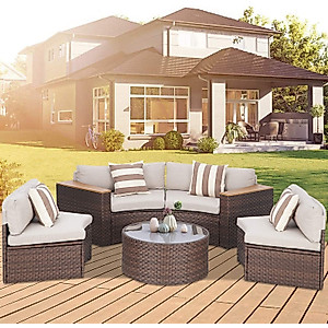 Betterland 5 Piece Curved Outdoor Sectional Sofa Half-Moon Patio Furniture Set, All-Weather PE Rattan Wicker Patio Conversation Set with Washable Cushion and Glass Table(Brown)