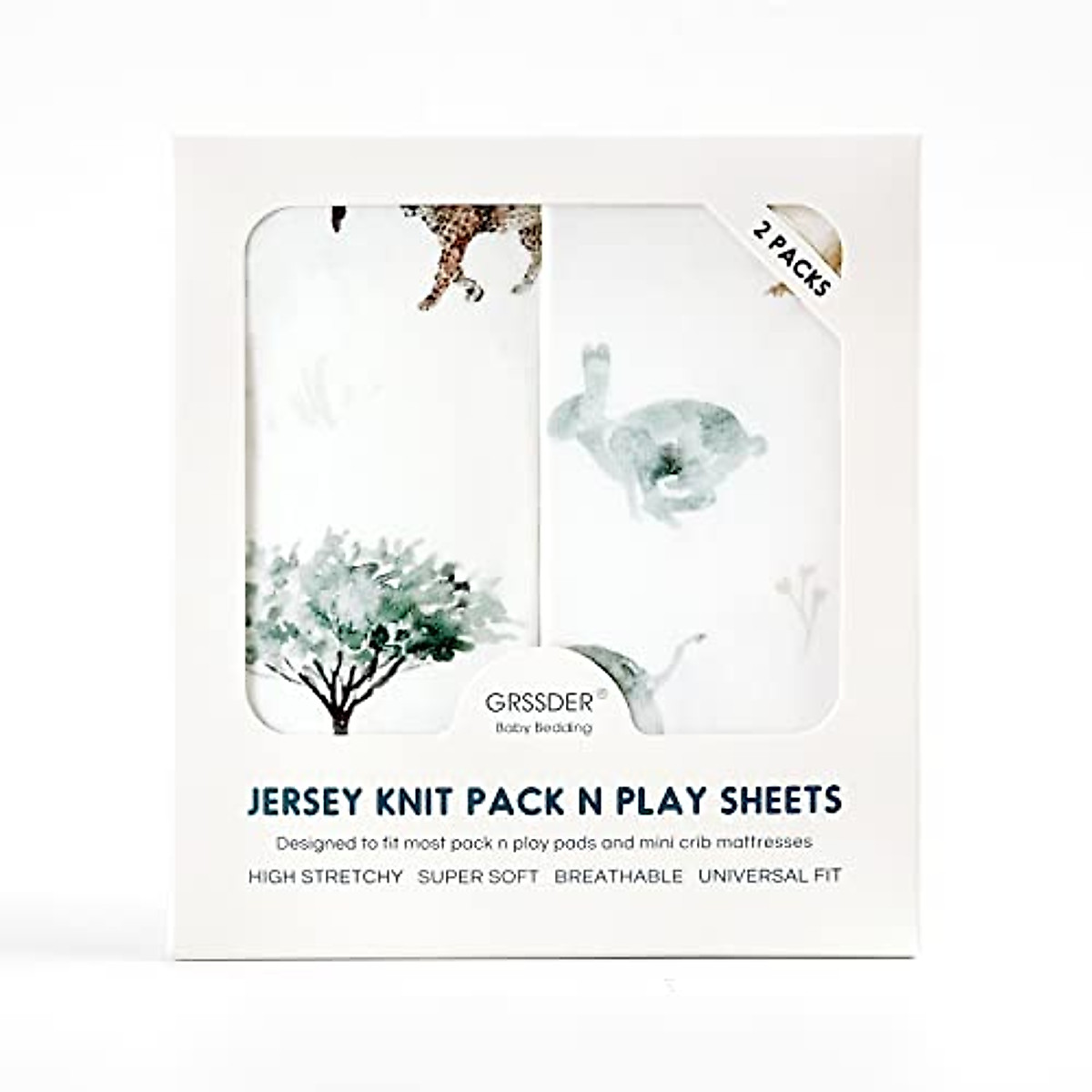 Stretchy Ultra Soft Jersey Knit Fitted Pack n Play Sheets Set 2 Pack, Portable/Mini Crib Sheets for Boys and Girls, Stylish Playard Sheets Fitted Safe and Snug, African Savannah Animals Pattern