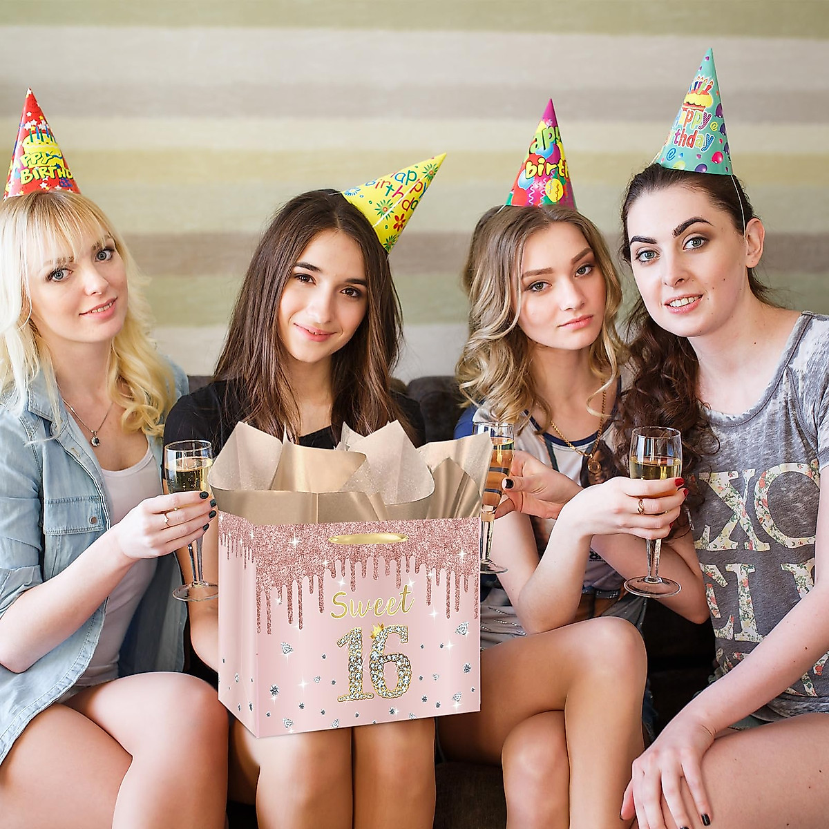 GOLDCROW Sweet 16 Gift Bag with Tissue Paper and Birthday Card Rose Gold 16th Birthday Gift Wrap Bag for Girls 16th Bday Bag with Wrapping Paper Sweet 16 Party Supplies Decorations