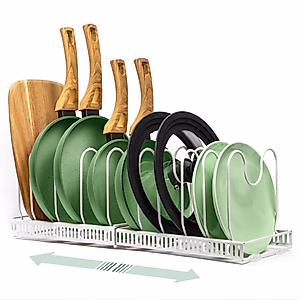 taabooh Adjustable Pot And Pan Organizer Rack - Aesthetic Pot Lid Organizer Rack - Durable Cookware Rack And Baking Pan Organizer - Expandable Horizontal Frying Pan Organizer With 10 Dividers