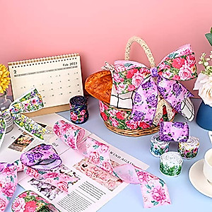 Kuscul 32 Yards Floral Wired Ribbon 8 Rolls Watercolor Rose Flower Ribbon Mother's Day Wired Edge Ribbon Spring Summer Gift Wrap Ribbon for Hair Bow Sewing Wedding Home Wreath Decor, 2.5in/ 1.5in