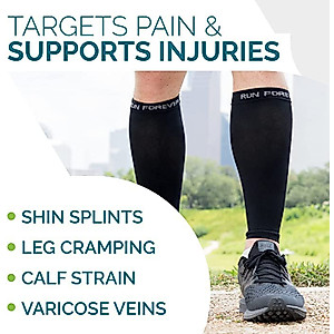 Run Forever Calf Compression Sleeves for Men and Women - Leg Compression Sleeve - Footless Compression Socks for Runners, Shin Splints, Varicose Vein & Calf Pain Relief - Black 2 PACK Small