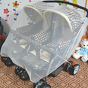 Mosquito Net for Baby Double Strollers,Carriers, Cradles, Car Seats,Universal Size, Insect Bug Netting Buggy Cover,Twin/Tandem Stroller Cover, White, Weather Protection,with Stroller Hooks