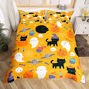 Erosebridal Halloween Bedding Set Queen,Pumpkin Lantern Duvet Cover Cartoon Ghost Comforter Cover Cute Cat Bats Halloween Decoration,Halloween Candy Spider Web Gothic Skeleton Halloween Decor Orange