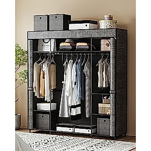 Hzuaneri Closet Wardrobe, 64.5-inch Portable Closet for Bedroom, 3 Clothes Rail Clothes Rail with Fabric Cover, Clothes Storage Organizer, 64.5 x 17.3 x 70 Inches, 9 Compartments, Black WO0203BC