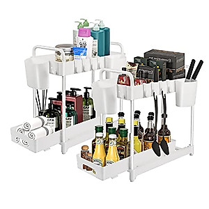 2 Pack Under Sink Organizers and Storage, 2 Tier Under Bathroom Storage Rack with 6 Hooks, Multi-purpose Storage for Bathroom Kitchen Cabinet, White