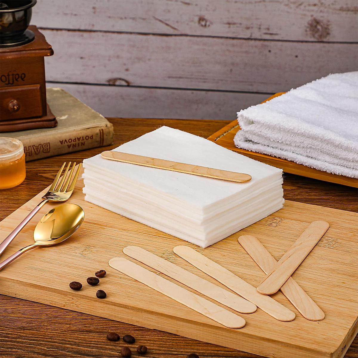 27 Pieces Wood Wax Applicator, Includes 15 White Non-Woven Pads 2 Terry Cloth Buffing Towels and 10 Stirring Sticks for Polishing Cutting Board and Multi Purpose Use in Home