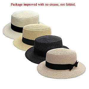 Ayliss Women Bowknot Straw Hat Summer Fedoras Boater Sun Hat,Light Khaki