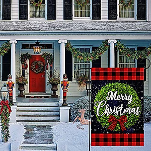 pinata Christmas Garden Flag Winter 12 x 18 Double Sided, Holiday Outdoor Decorative Boxwood Wreath Buffalo Plaid Christmas Decorations Small Yard Flag Burlap Snowflake Banner Outside Seasonal Sign