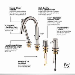 KIBI Circular Single Handle Roman Tub Faucet with Hand Shower Deck Mounted Bathtub Faucet Set with Diverter (Brushed Nickel) (KTF3101)