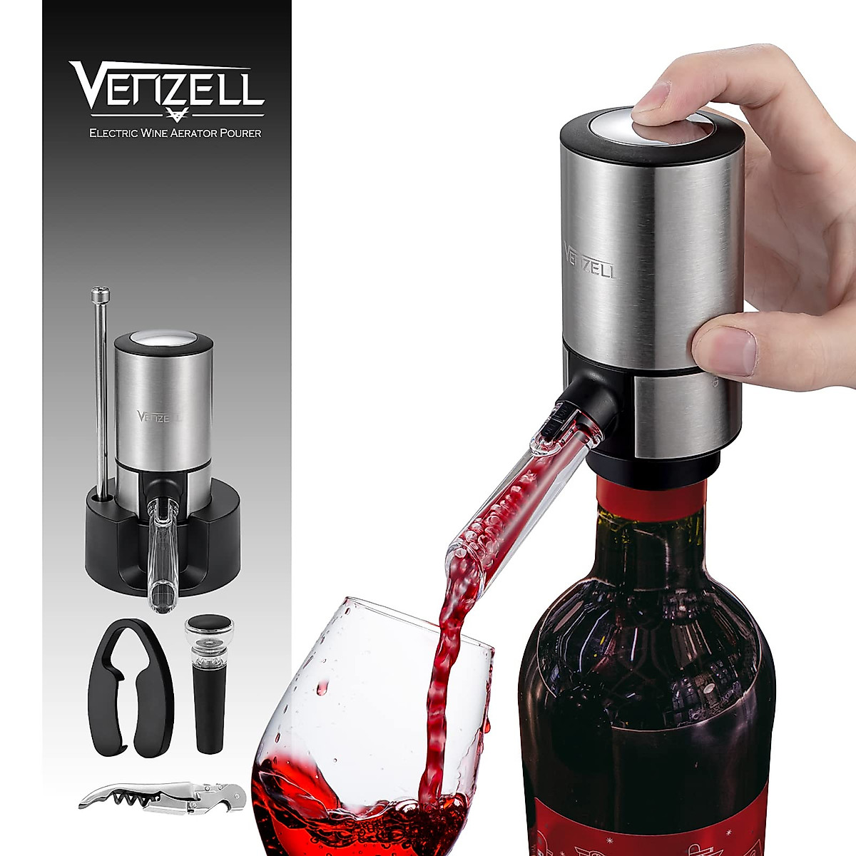 Wine Pourer,VENZELL Electric Wine Aerator Pourer, One-Button Smart Wine Decanter with Wine Opener, Automatic Wine Decanter with Vacuum Wine Stopper,Wine Decanter and Dispenser, Pump Aeration Pourer