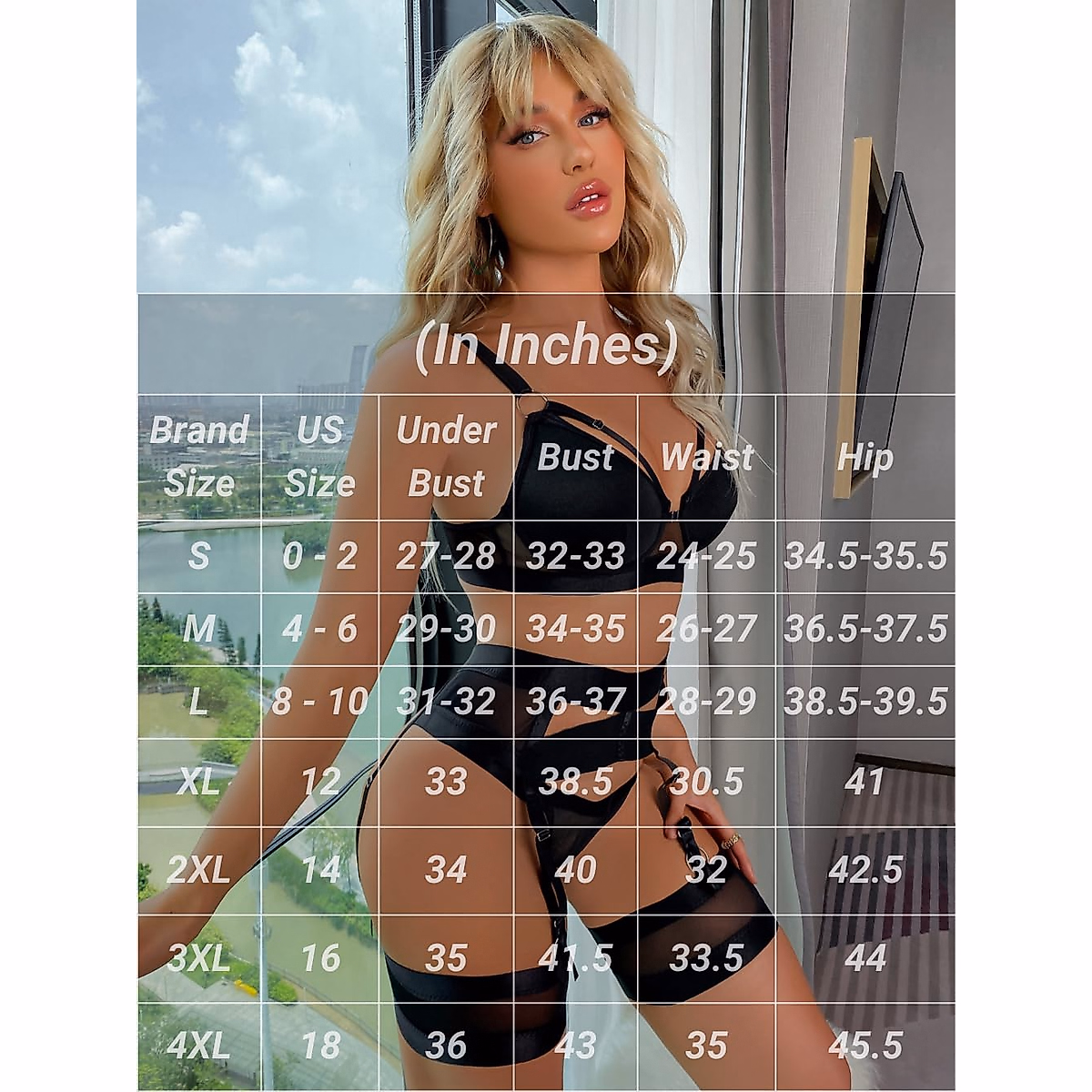 Kaei&Shi Garter Belt Thong Lingerie For Women,Strappy Hollow Out Sexy Lingerie,Underwire Mesh Sheer Matching 4 Piece Lingerie Set Boudoir Black X-Large