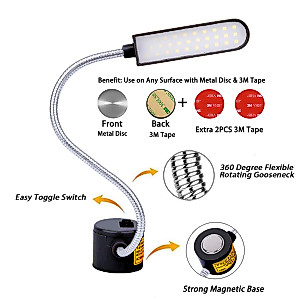 EVISWIY Sewing Machine Light LED Lighting (30LEDs) 6 Watt for Workbench Lathe Drill Press Daylight White Flexible Gooseneck Arm Work Lamp with Magnetic Mounting Base Black
