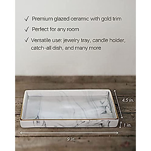 Ceramic Vanity Tray, Candle Tray with White Marble Finish | Jewelry Tray, Jewelry Dish | Marble Tray Decor, Perfume Tray for Dresser | Decorative Tray, Bathroom Tray, 9x4.5x1 inches