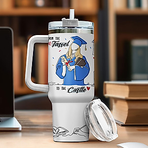 99OWL Graduation Girl Adventure, Tumbler 40 Oz With Handle Lid And Straw, Graduation Gifts, White Light Class Of Purple Handle Gold Tumblers Royal Navy Rose Blue Heart