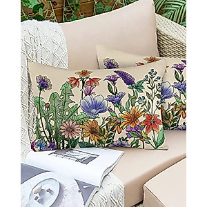 Flower Watercolor Outdoor Throw Pillow Covers Cases for Patio Furniture Set of 2, Vintage Lavender Plants Waterproof Decorative Lumbar Pillowcases for Couch Garden Tent Balcony, 12x20 Inch