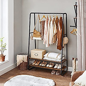 VASAGLE Clothes Rack, Clothing Rack for Hanging Clothes, Garment Rack with 2 Shelves, 6 S-Shaped Hooks, Steel Frame, for Bedroom, Rustic Brown and Black URGR112B01